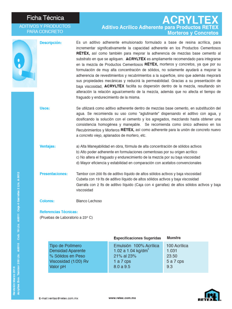 21 Acryltex Adhesivo Acrilico Ficha Tecnica | PDF | Hormigón | Pintura acrilica