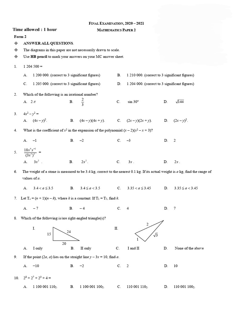 20 21 f.2 Maths Final Exam Paper 2 | PDF | Area | Geometry