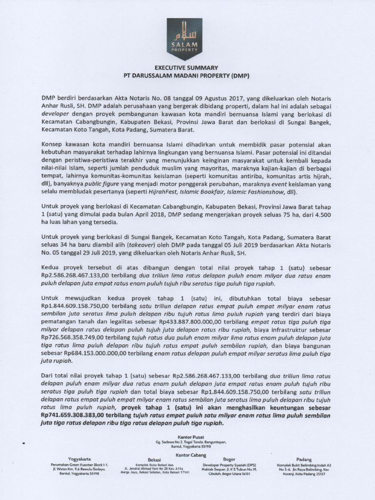 Executive Summary DMP (Bekasi Padang) | PDF