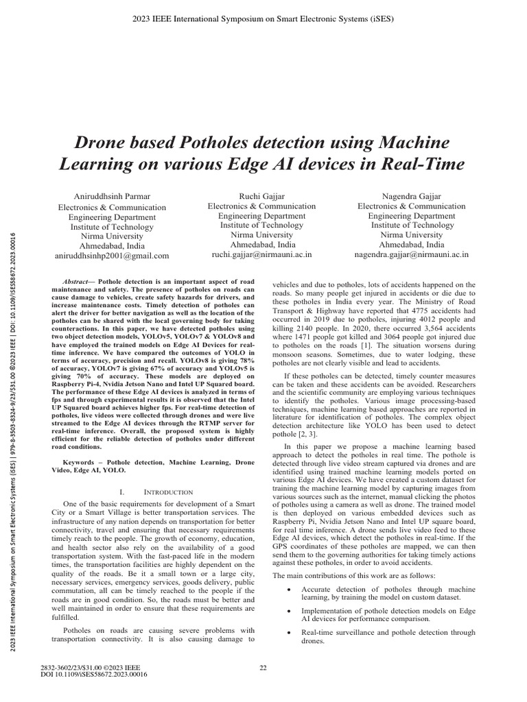Drone Based Potholes Detection Using Machine Learning On Various Edge AI Devices in Real-Time ...