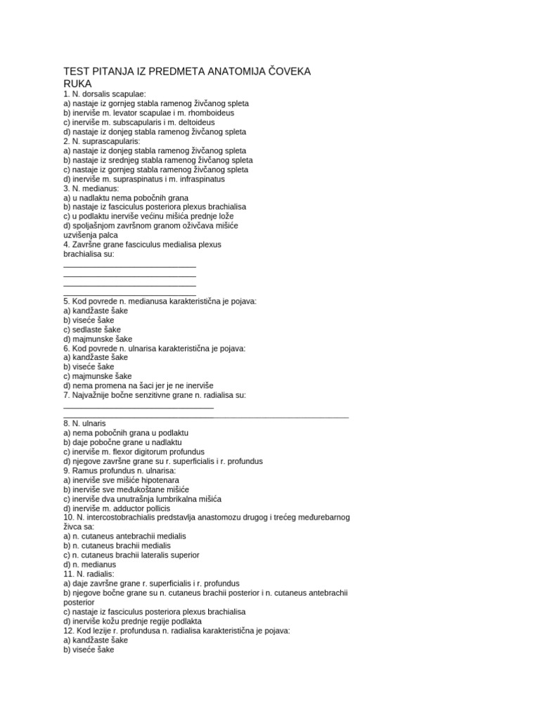 Test Pitanja Iz Predmeta Anatomija Čoveka | PDF