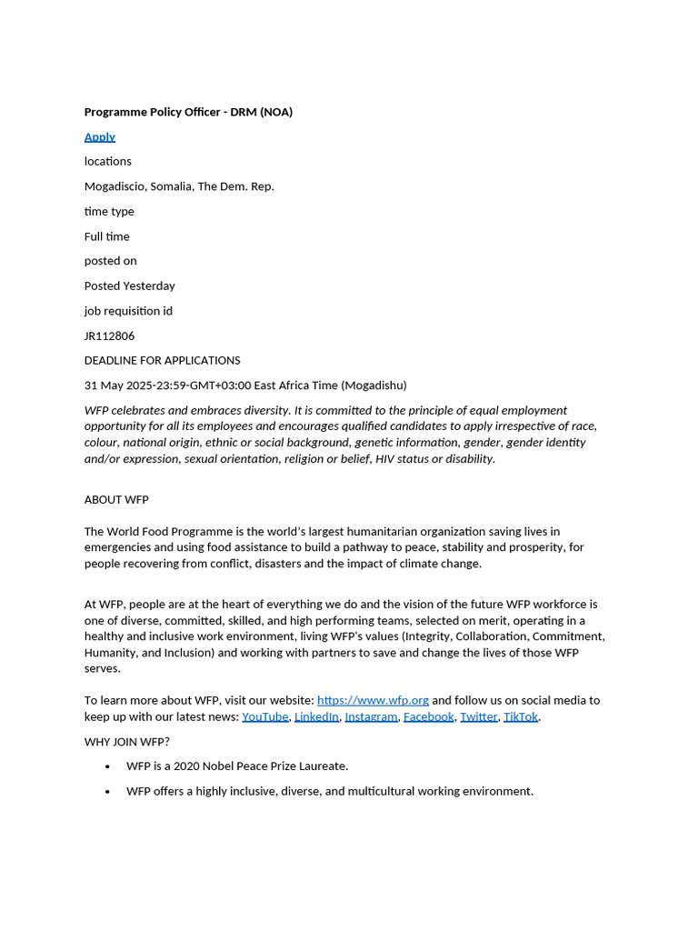 Programme Policy Officer - DRM Role | PDF | World Food Programme | Disaster Risk Reduction