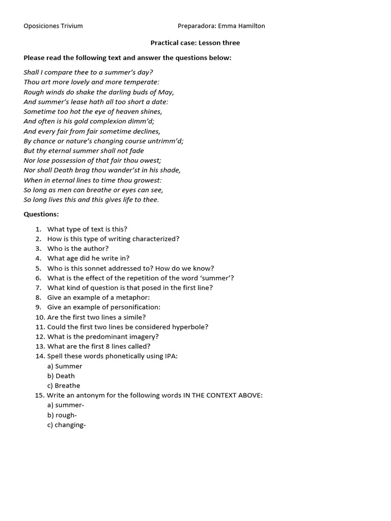 Practical Case Shakespeare Sonnet Questions | PDF