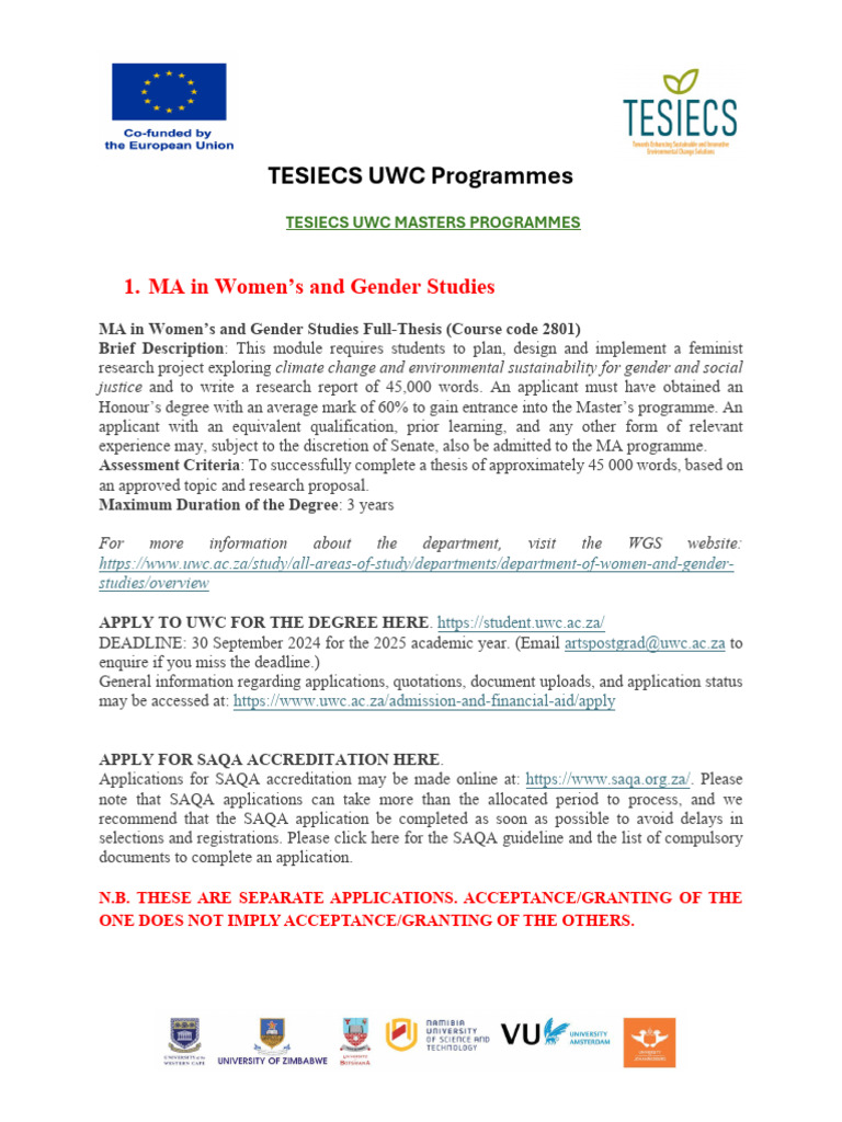 TESIECS UWC Programmes Additional Information Final | PDF | Thesis ...
