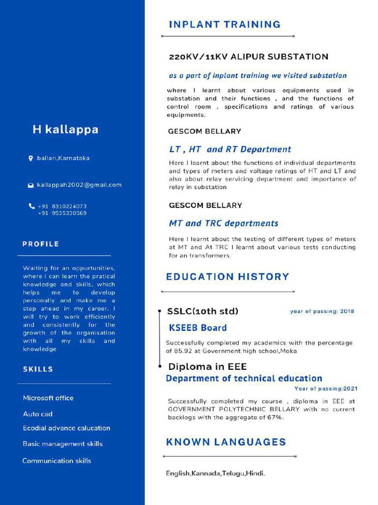 H Kallappa - Diploma Eee - Ballari | PDF