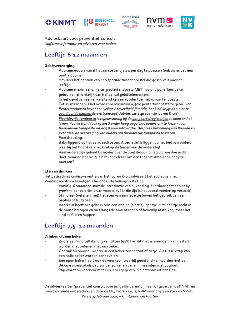 Leeftijd 6-12 Maanden: Advieskaart Voor Preventief Consult | PDF