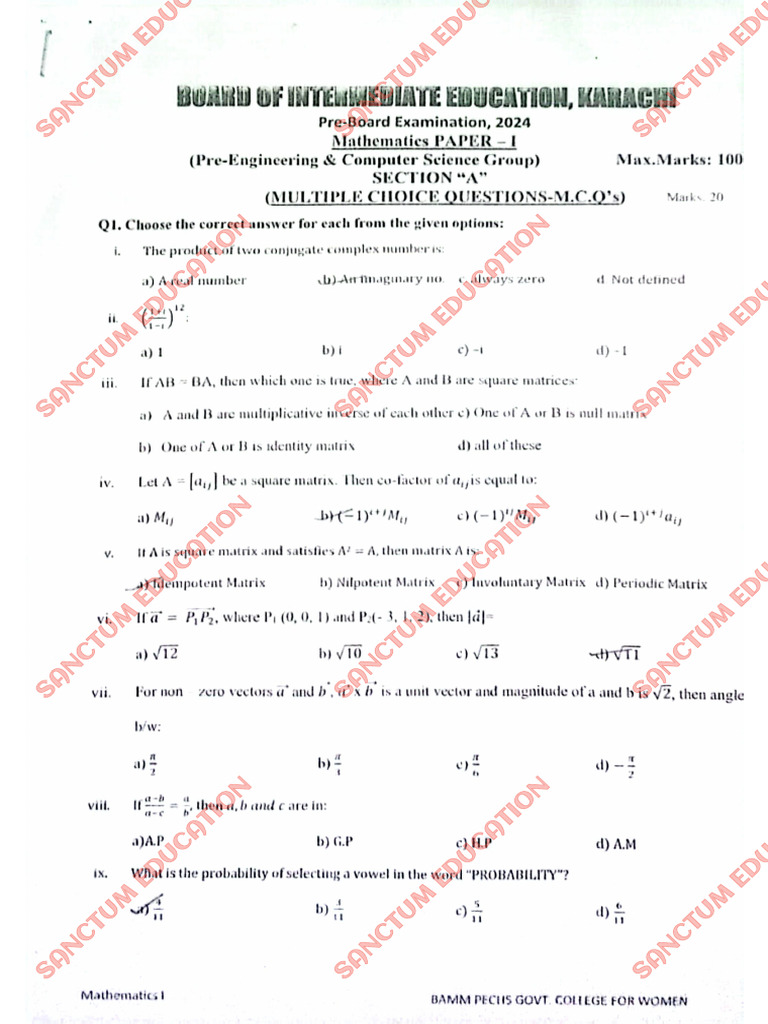Xi Maths Preliums Paper 2025 - Bamm Pechs Govt College - Sanctum Education | PDF