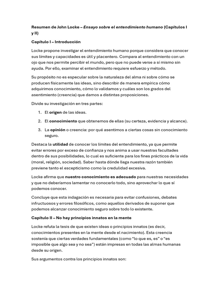 Resumen de John Locke - Ensayo Sobre El Entendimiento Humano | PDF ...