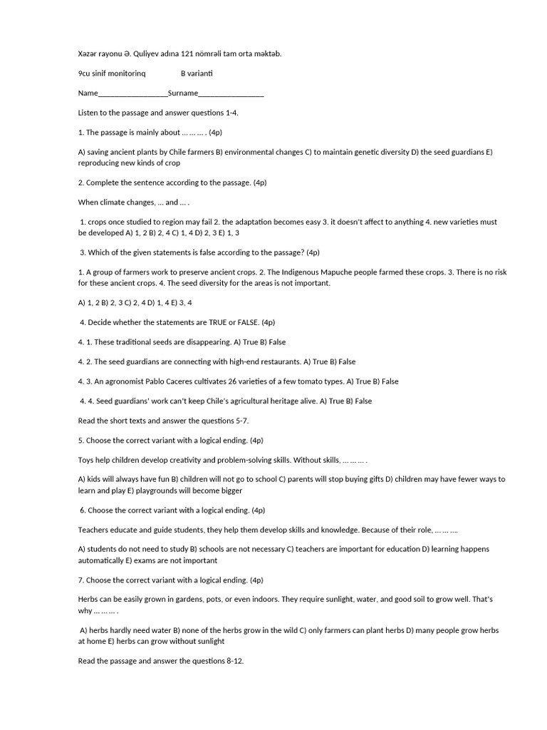 Günəş 9 Monitorinq B Varianti | PDF