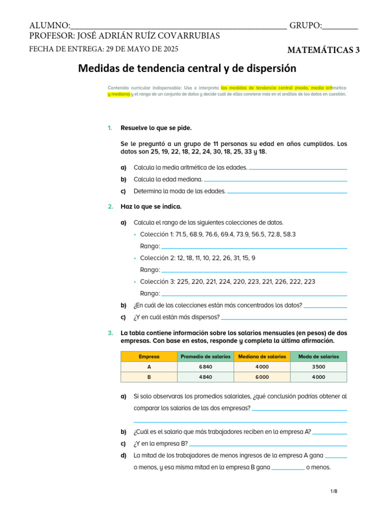 Medidas de Tendencia Central y de Dispersión | PDF | Media | Estadísticas descriptivas