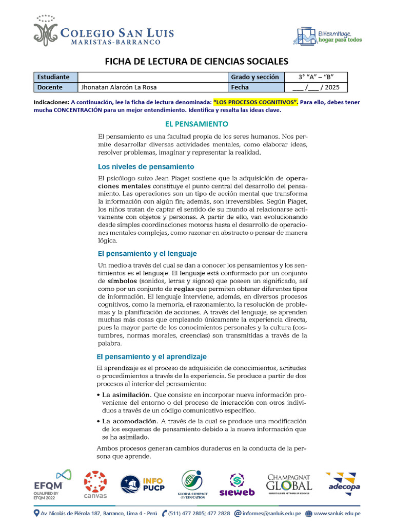 Ficha de Lectura de DPCC 3ero Año 1 | PDF