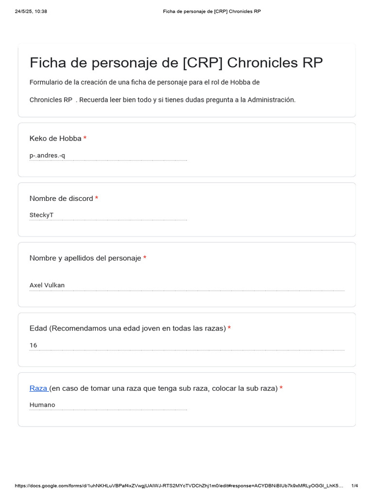 Ficha de Personaje de (CRP) Chronicles RP | PDF