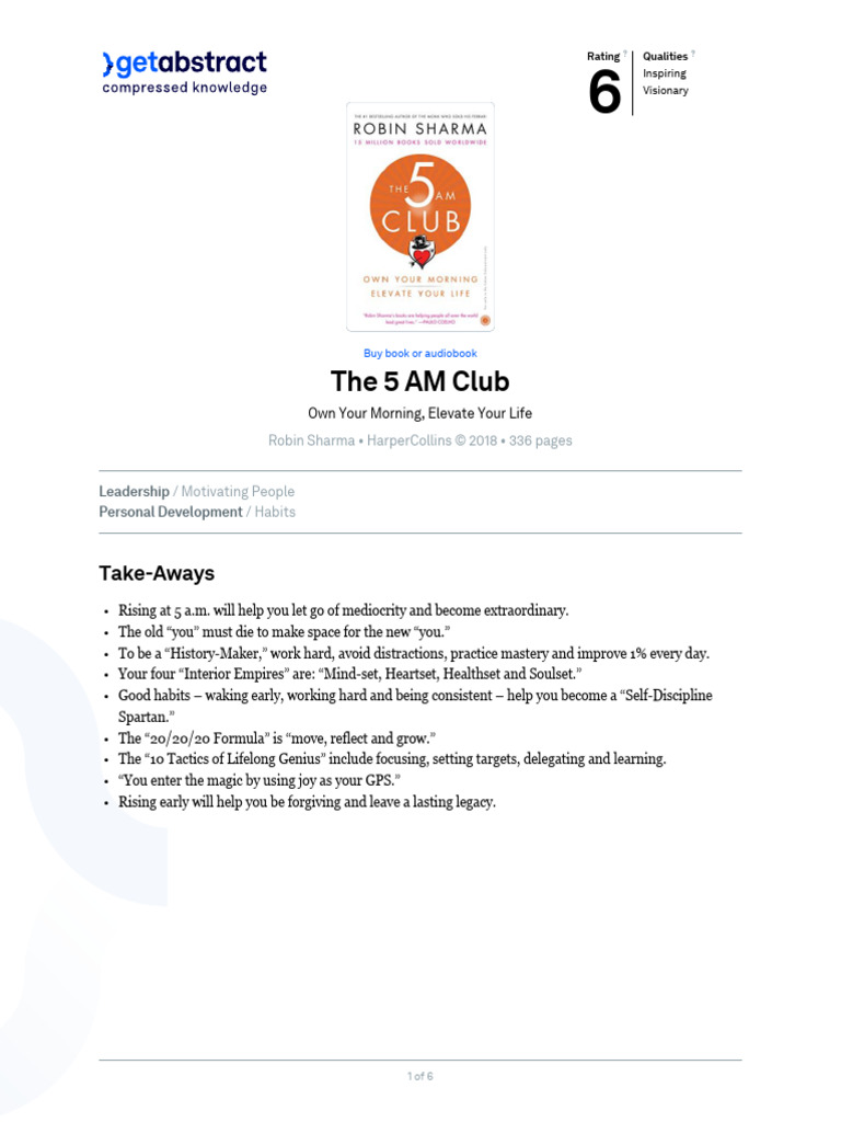 The 5 AM Club: Elevate Your Life | PDF | Disciplines | Psychology