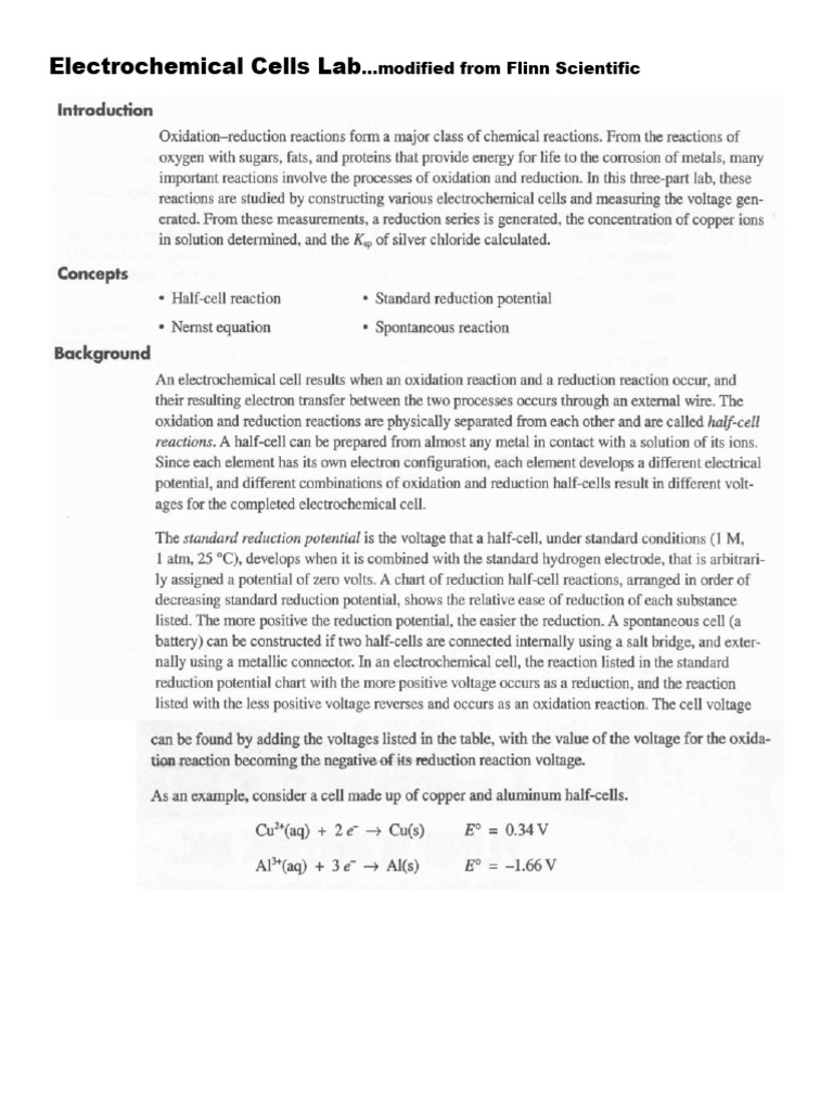 Electrochemical Cells Lab | PDF