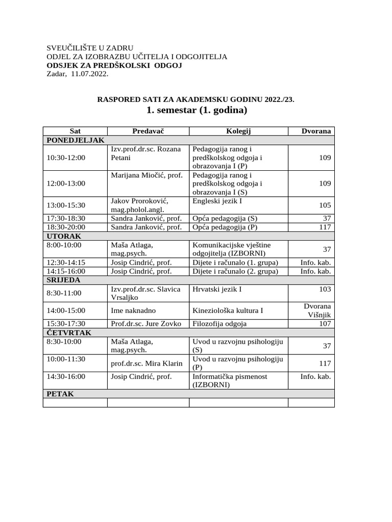 Raspored Zimski 2022-23 | PDF