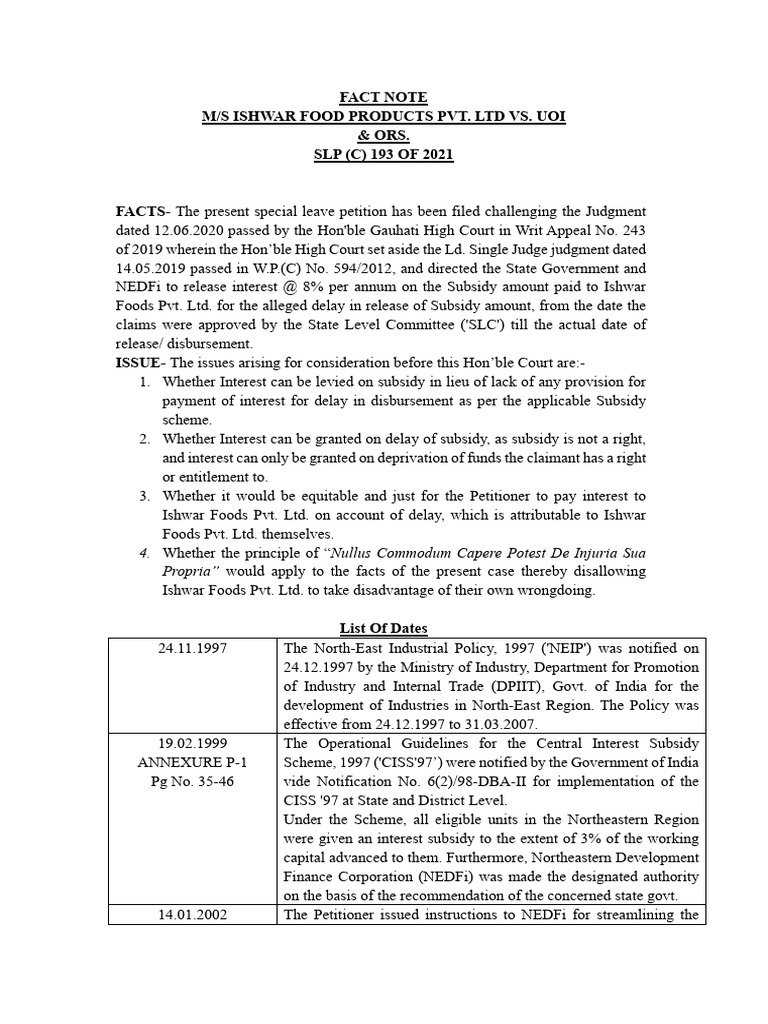 Fact Note ISHWAR FOOD PRODUCTS PVT LTD VS UOI | PDF | Common Law | Public Law