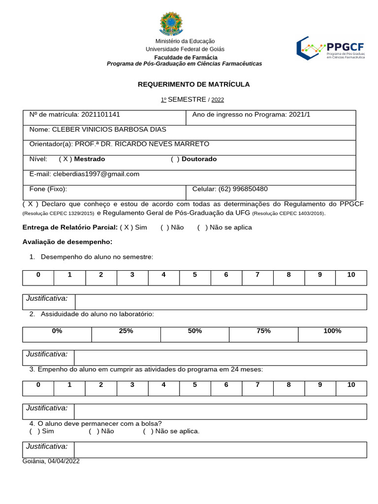 Requerimento de Matrícula Mestrado UFG | PDF