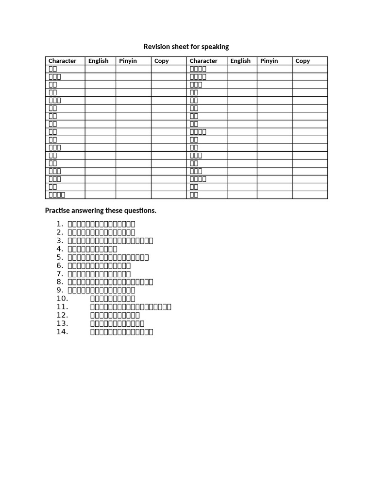 Speaking Revision Worksheet | PDF