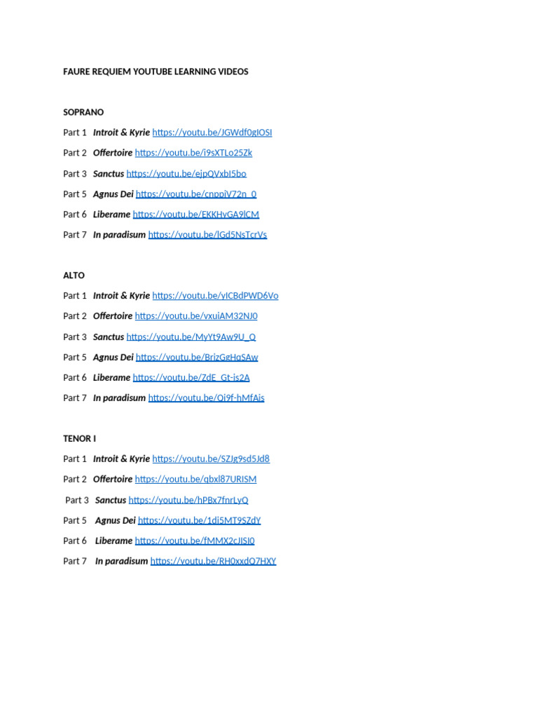 Faure Requiem Youtube Learning Videos | PDF
