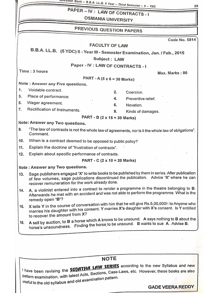 Law of Contract Question Papers | PDF