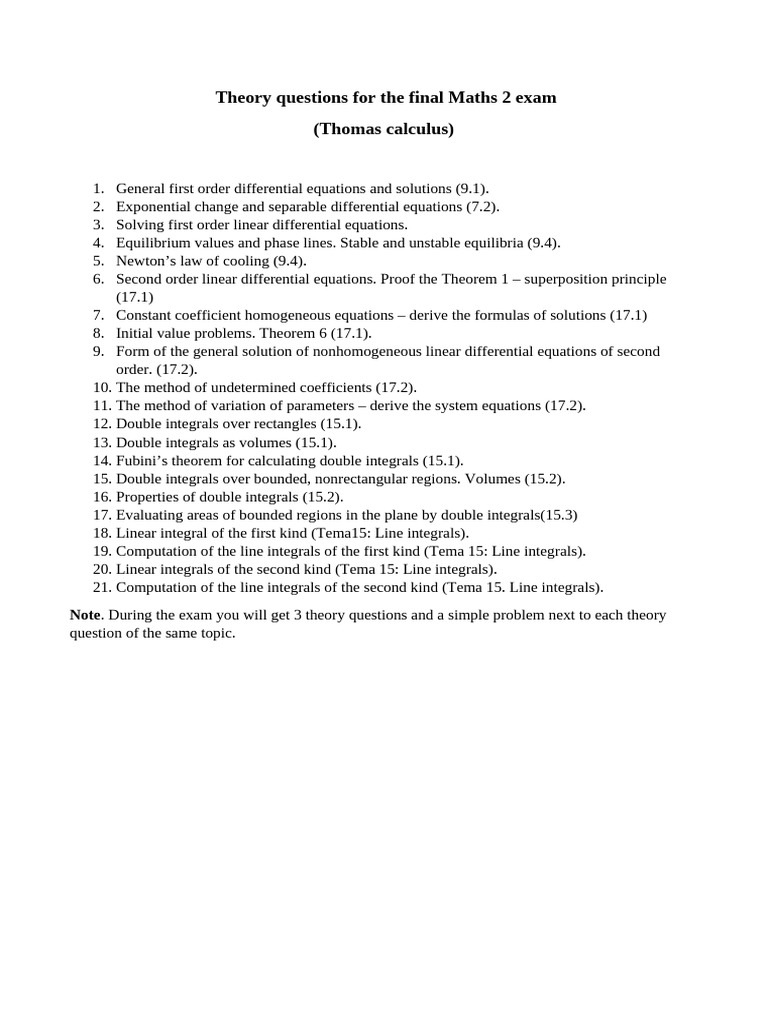 Theory questions (Thomas calculus) for the final Maths 2 exam_2021 (5 ...