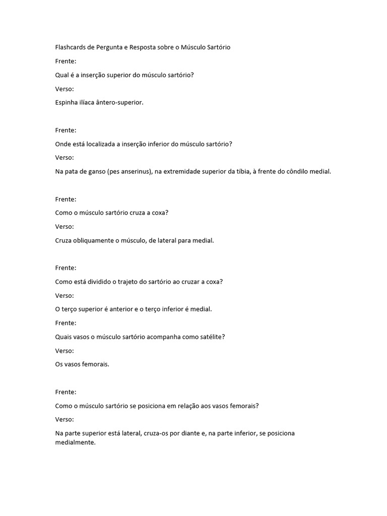 Flashcards de Pergunta e Resposta Sobre o Músculo Sartório | PDF