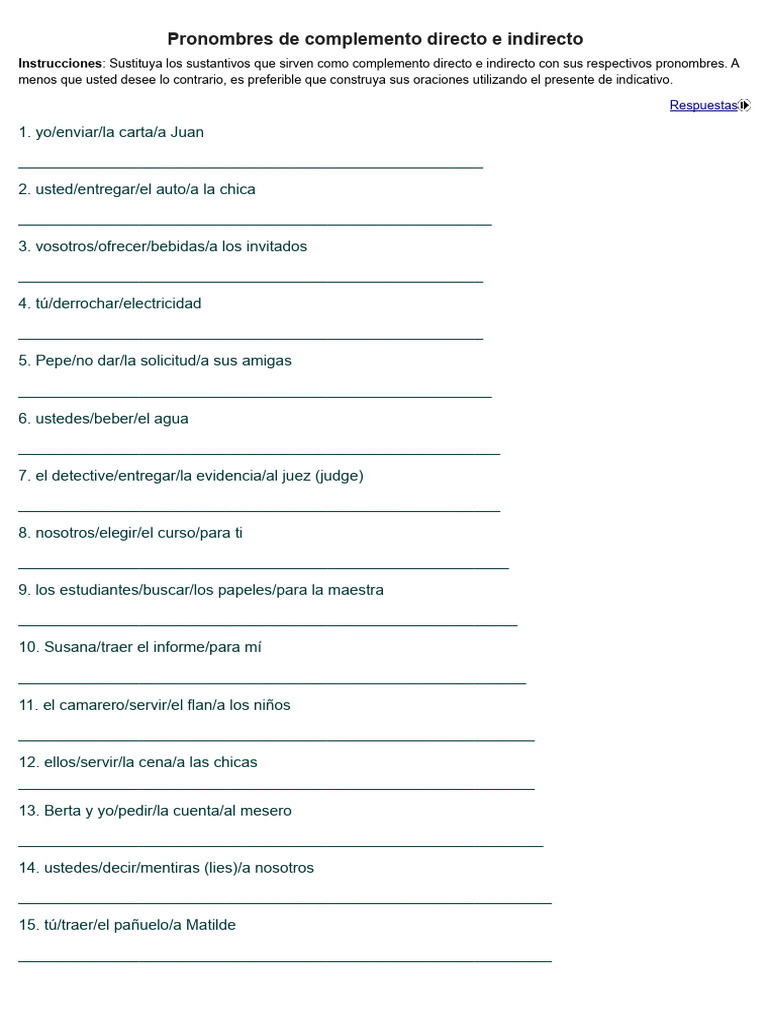 Ejercicios de pronombres directos e indirectos | PDF