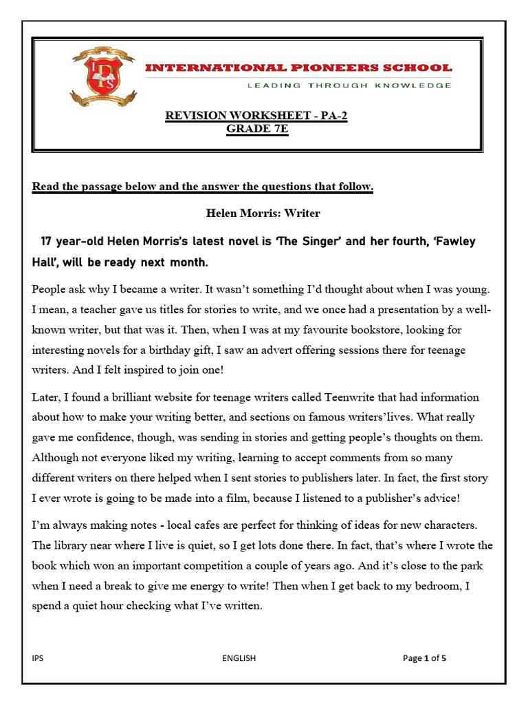 Ips English Grade 7e Revision Worksheet Pa-2 | PDF
