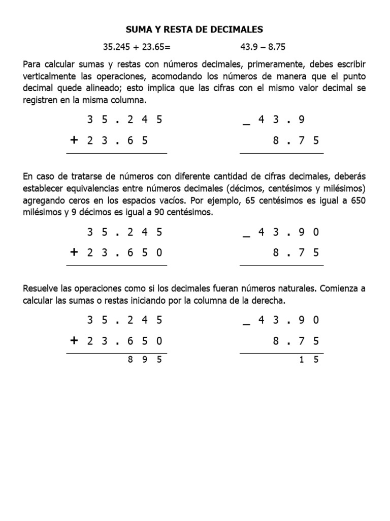 Suma y Resta de Decimales | PDF