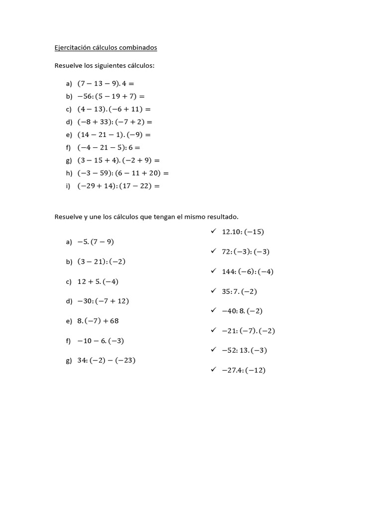 Ejercicios Cálculos Combinados | PDF