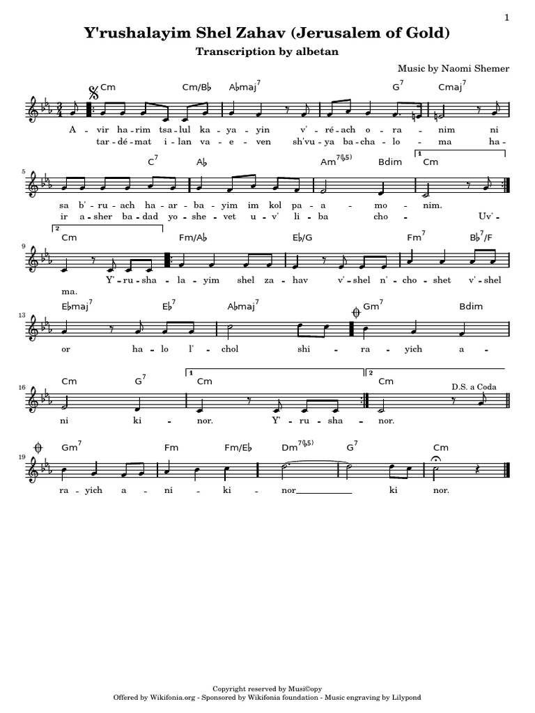 Y'rushalayim Shel Zahav (Jerusalem of Gold) - Naomi Shemer | PDF