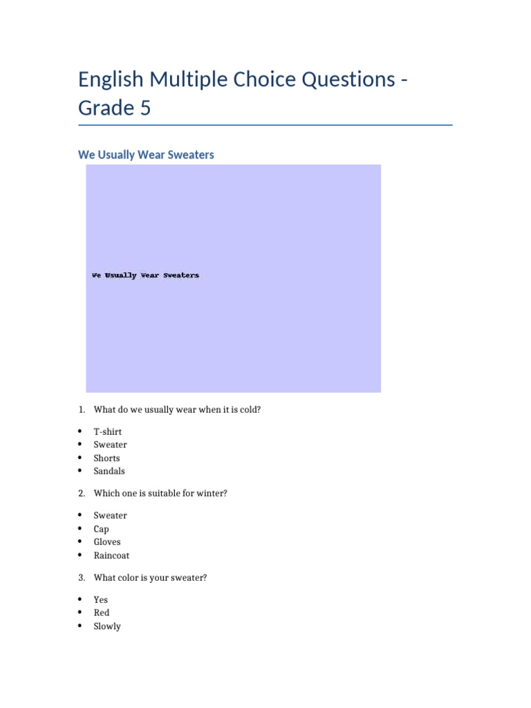 Grade 5 English MCQs on Clothing & Animals | PDF