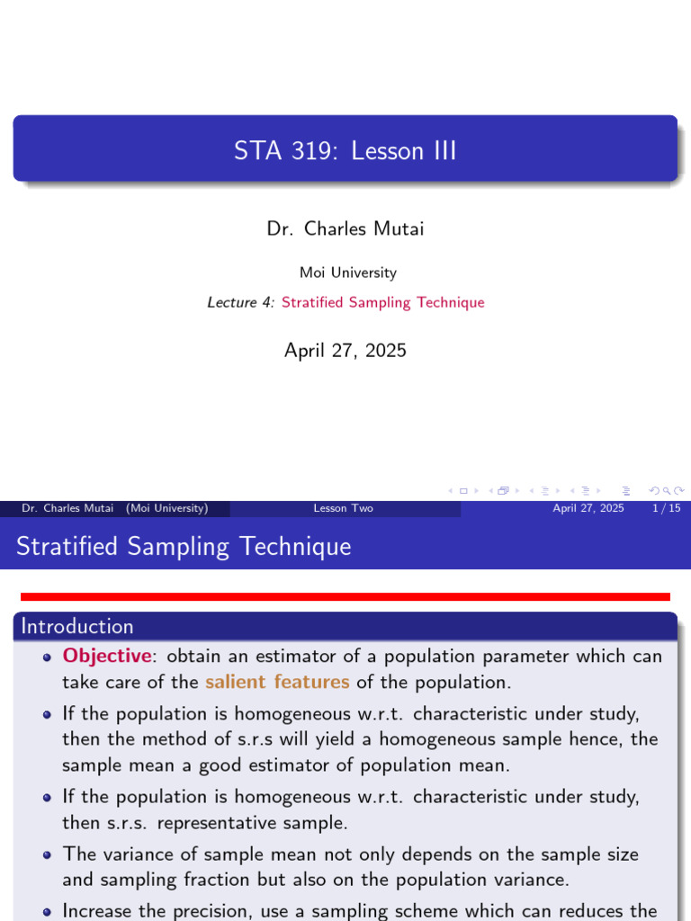 Sta 319 Stratified Sampling 1 | PDF | Sampling (Statistics) | Stratified Sampling