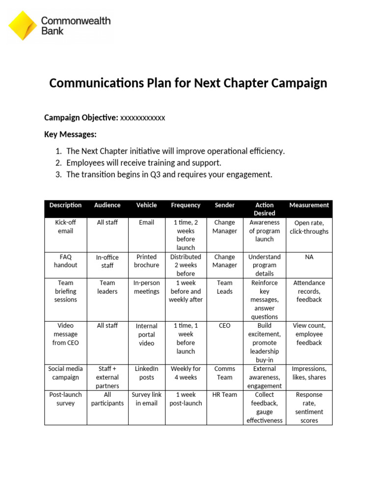 Next Chapter Communications Plan Template | PDF | Communication | Social Psychology