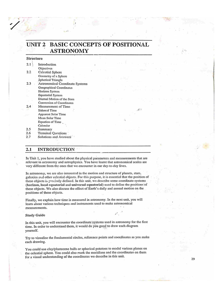 Unit 2 (Basic Concepts of Positional Astronomy) | PDF