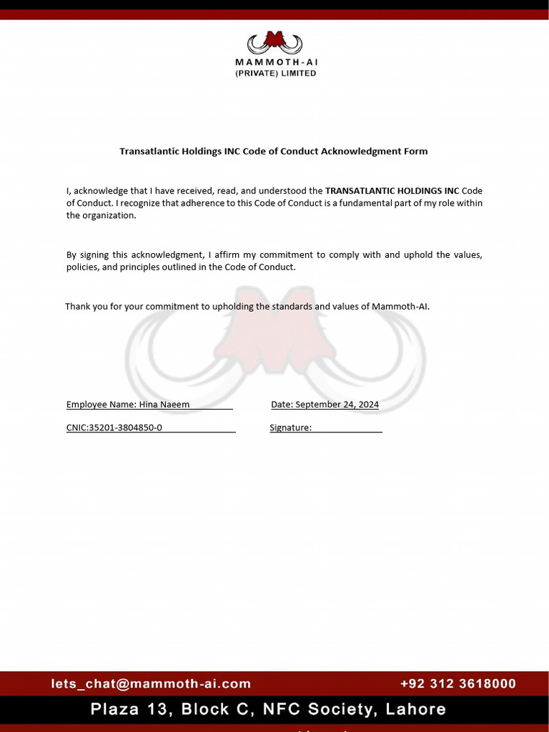 Transatlantic Holdings INC Code of Conduct Acknowledgment Form_Hina.docx (1) | PDF