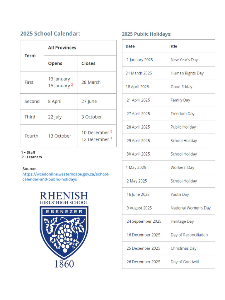 School Terms and Public Holidays 2025 | PDF