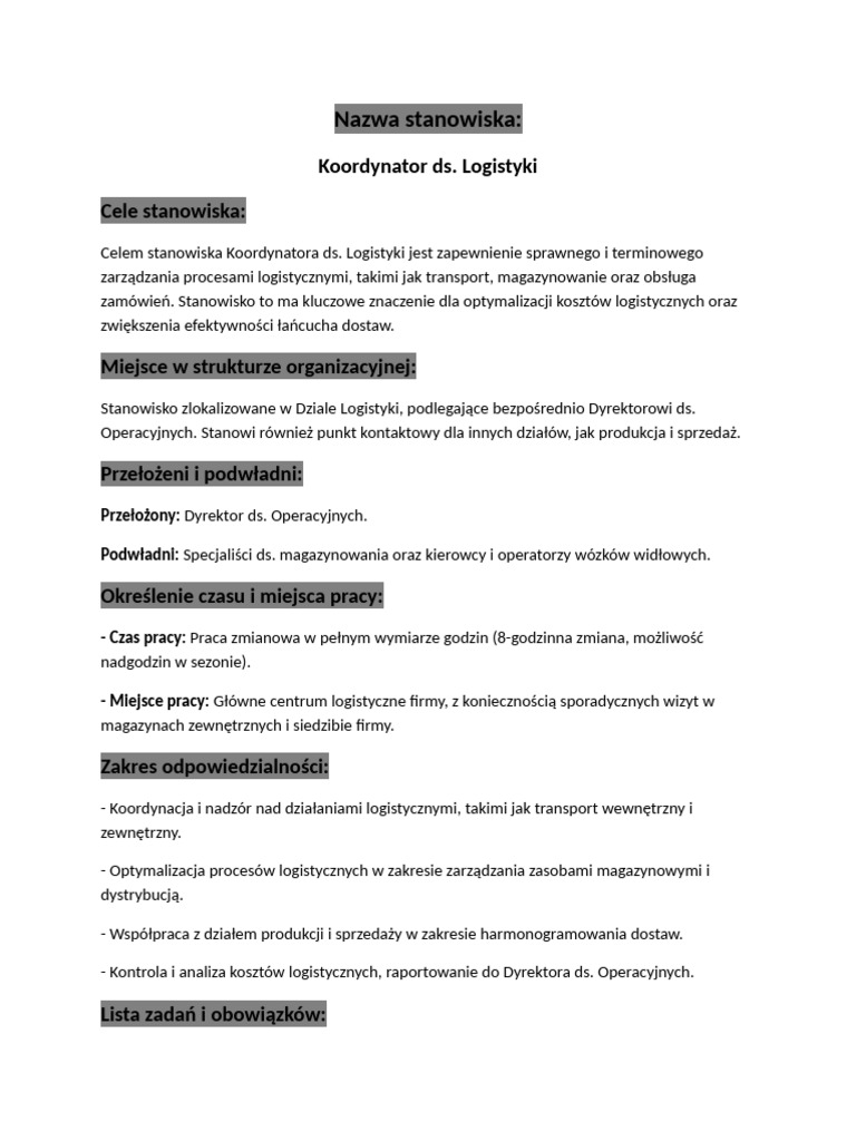 Opis Stanowiska Pracy | PDF