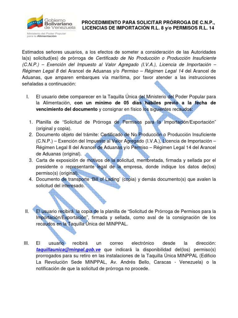 Instructivo para Solicitar Prórroga de C.N.P., Licencias de Importación - R.L. 8 Y.O Permisos R ...