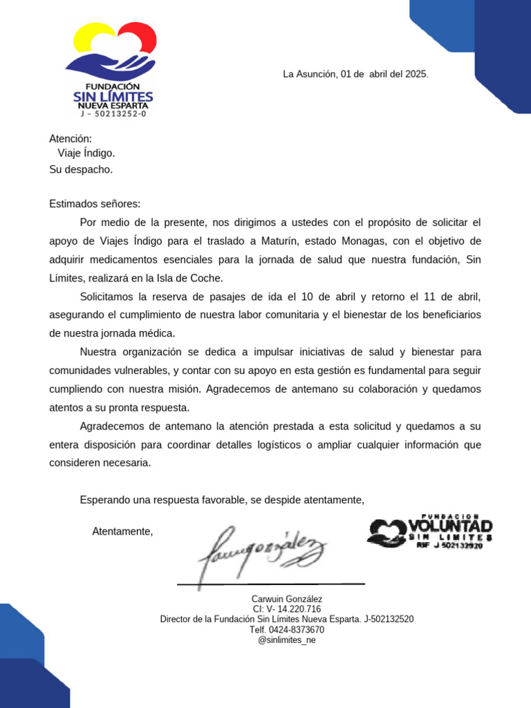 Carta de Solicitud Viajes Indigo MONAGAS | PDF