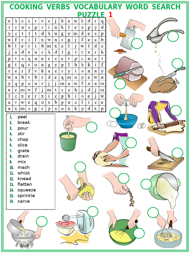 Cooking Verbs Vocabulary Esl Word Search Puzzle Worksheets For Kids | PDF
