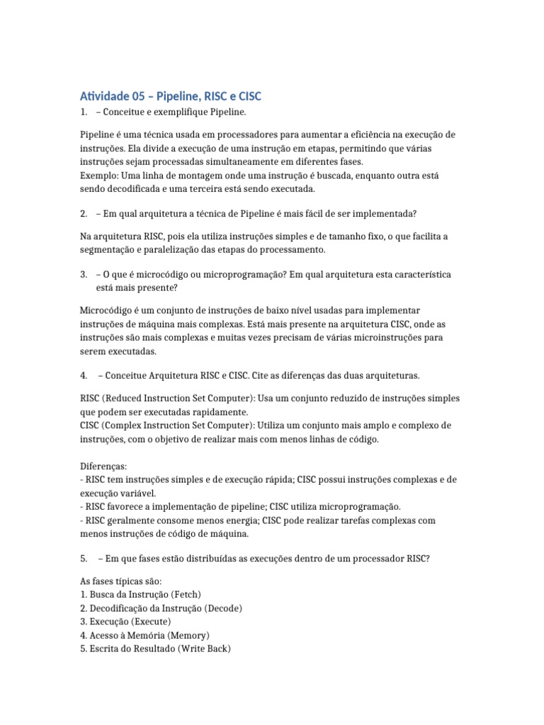 Atividade 05 Pipeline RISC CISC | PDF | Unidade central de processamento | Arquitetura de ...