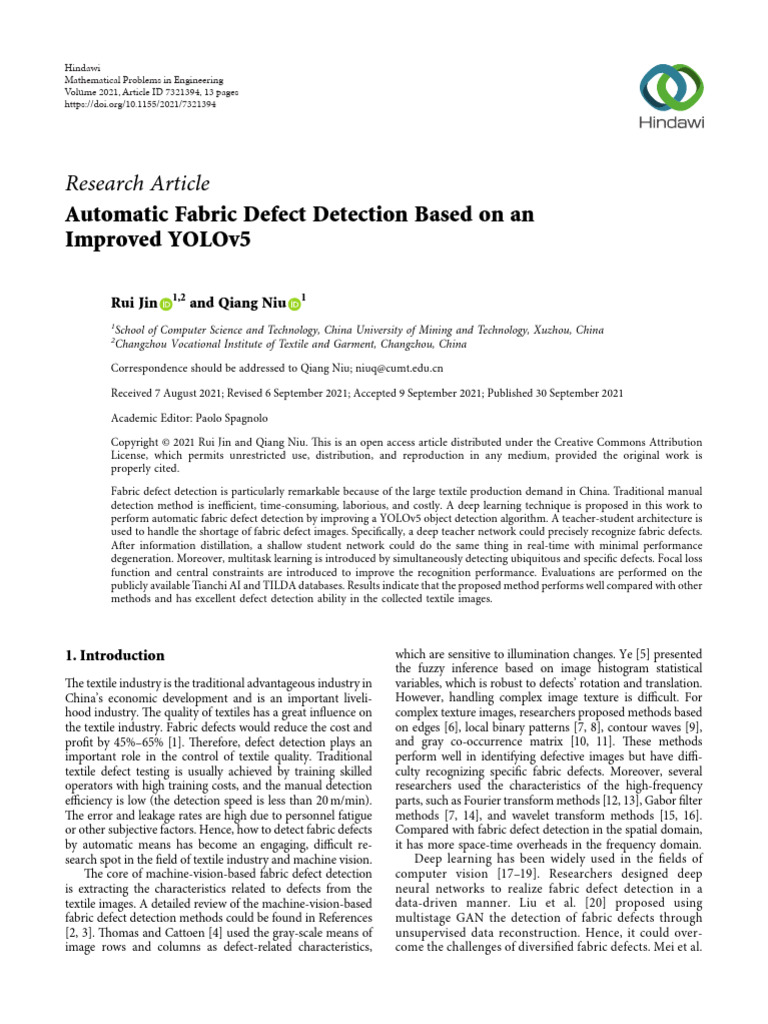 Automatic Fabric Defect Detection Based Yolo5 Pdf Receiver Operating Characteristic