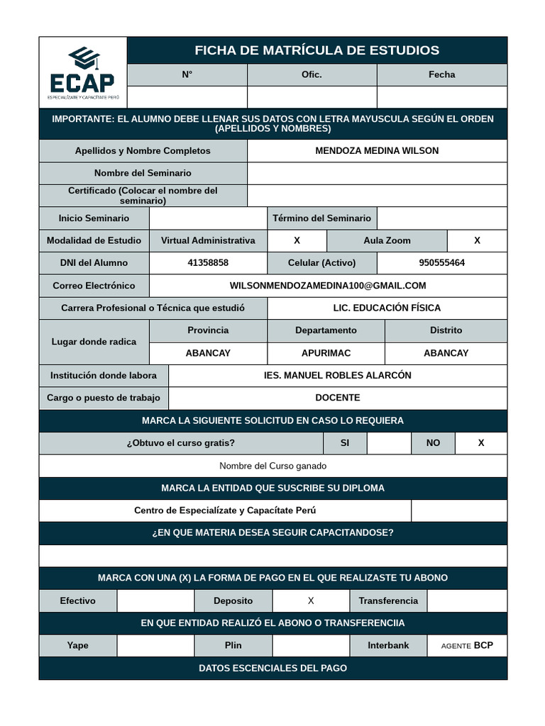 Ficha de Matrícula Ecap - 2024 | PDF