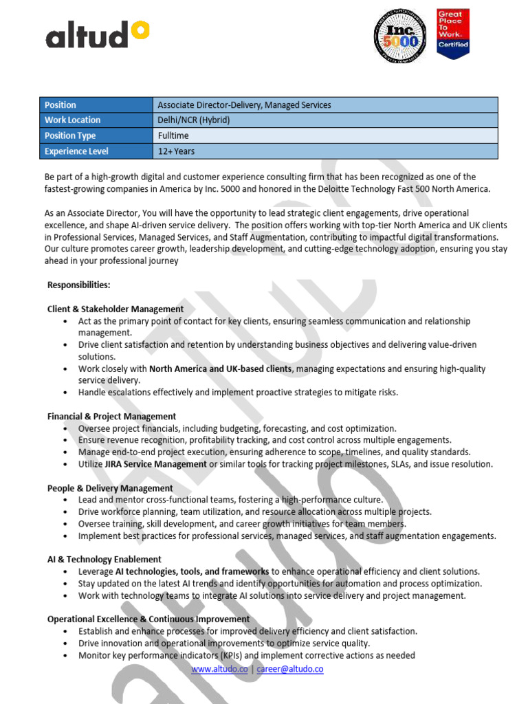 JD-Associate Director - Managed Services | PDF | Project Management | Artificial Intelligence