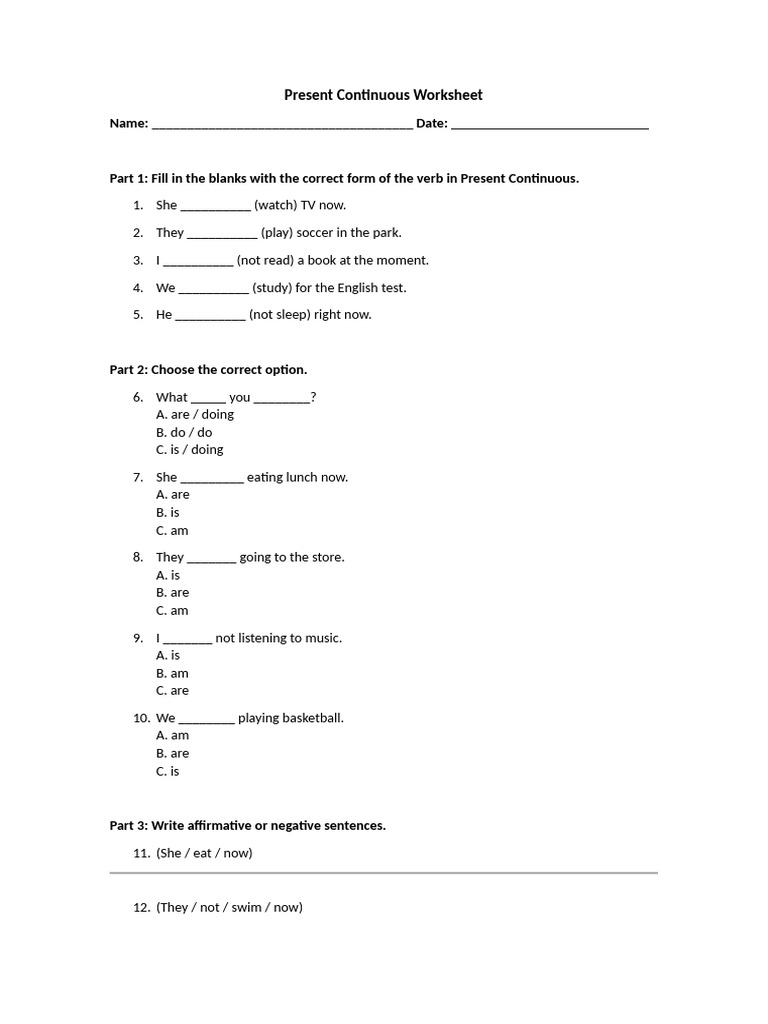 Present Continuous Worksheet | PDF