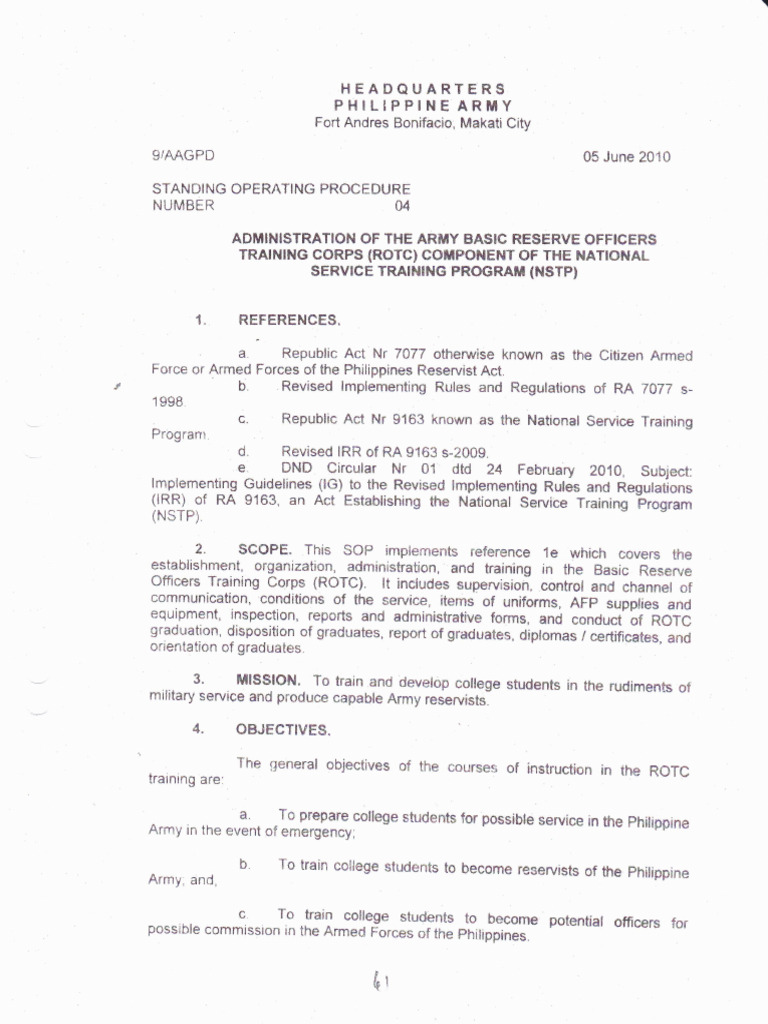 ROTC Administration SOP Overview | PDF | Reserve Officers' Training Corps