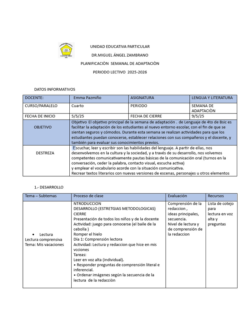 Planificación Semanal 4to Grado 2025-2026 | PDF | Comprensión lectora ...