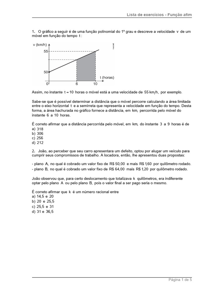 Lista de Função Afim So Exercicio | PDF | Custo | Função (Matemática)