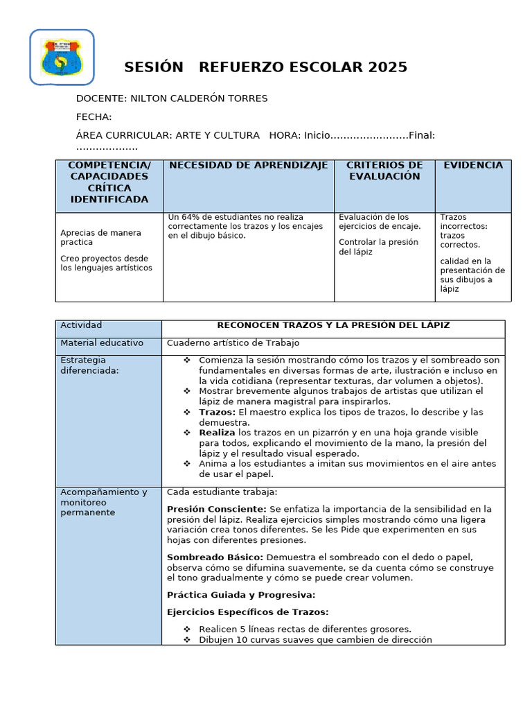 Sesión Refuerzo Escolar 2025 | PDF | Lápiz | Cognición